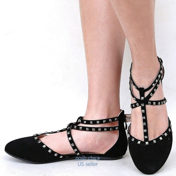 Shoes | New Black Studded Strappy Ballet Flats | Poshmark